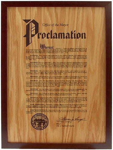 12" x 17" Walnut-Framed Oak Proclamation Plaque – Gino's Awards, Inc.